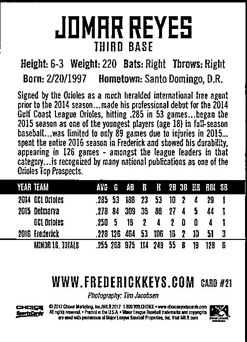 Jomar Reyes 2017 Choice Frederick Keys #21 Auto Hand Signed | eBay