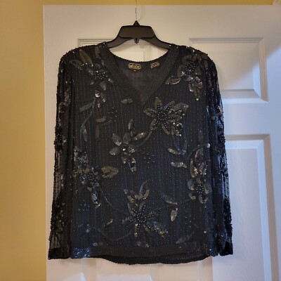 Ladies Black Beaded Formal Top Size M | eBay