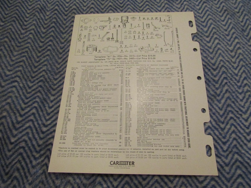 HOLLEY CARBURETOR DATA SPEC CHART 1936 1937TERRAPLANE SIX MODELS 331S ...