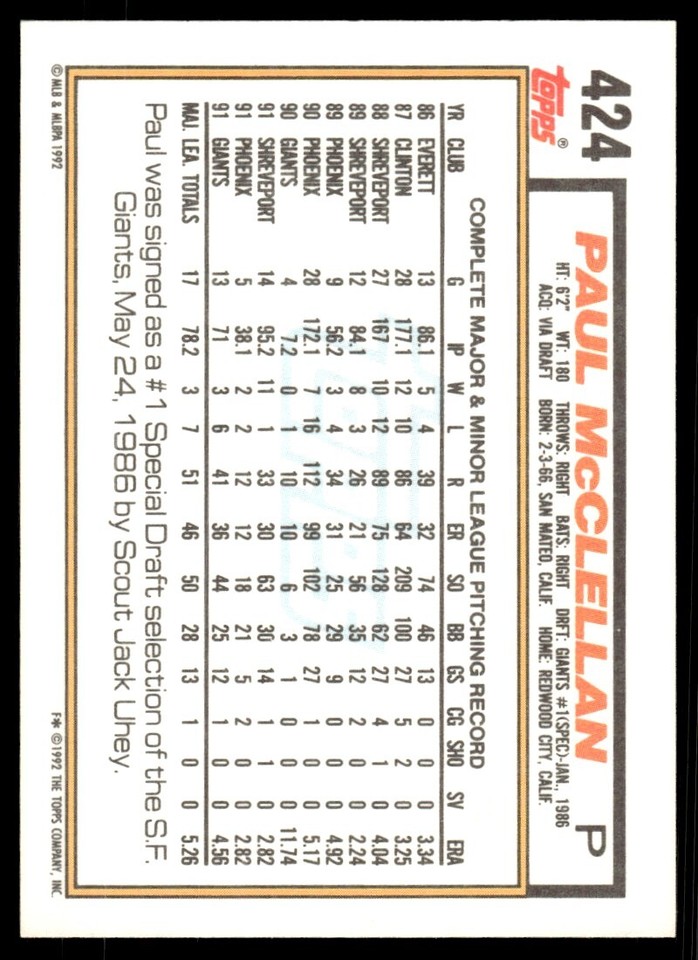 1992 Topps Baseball Card Paul McClellan San Francisco Giants #424 | eBay