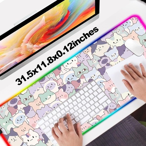RGB Cute Pink Cat Gaming Desk Mat, Computer 31.5L x 11.8W inches, RGB ...