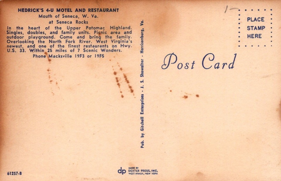 Seneca Rocks West Virginia Hedrick's 4-U Motel Restaurant Postcard | eBay
