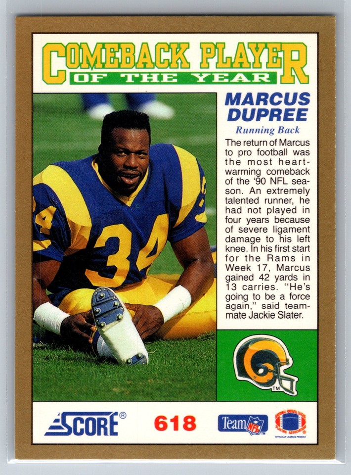 1991 Score #618 Marcus Dupree Comeback Player Los Angeles Rams OU ...