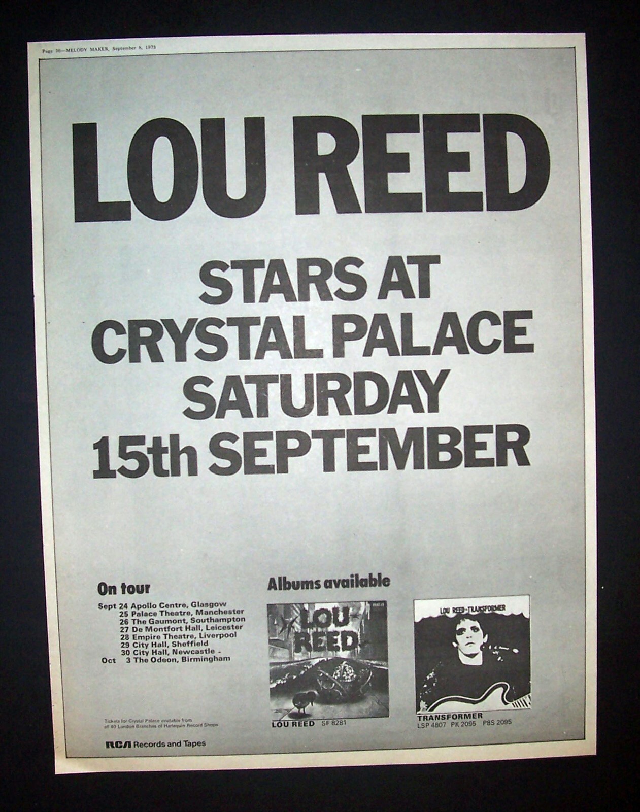 Lou Reed Transformer Tour Crystal Palace London 1973 Poster Type Ad ...