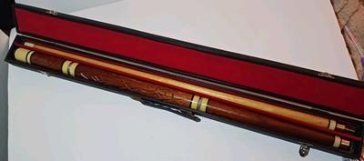 Vtg 2-piece 57” Pool Billiards Cue Stick Carved Wood w Hard Carrying ...