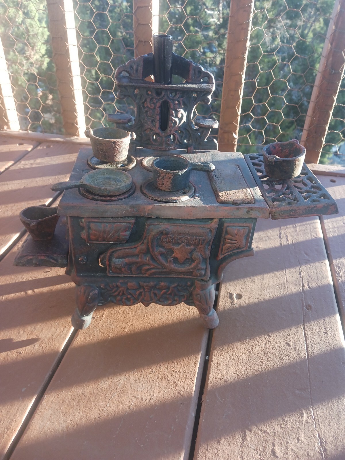 Vintage Crescent Cast Iron Miniature Stove w/ Parts, Pots & Pans ...