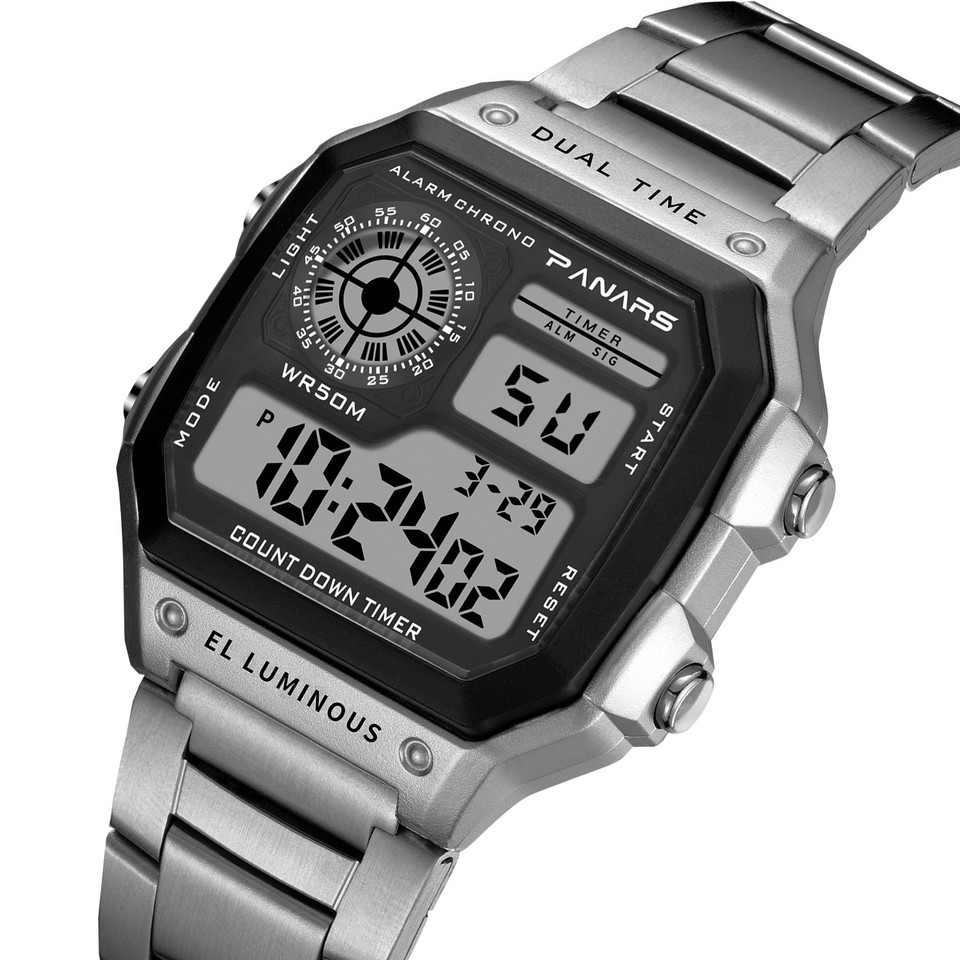 Classic Block Watch Outdoor Sports Digital Metal Watch Band Waterproof ...