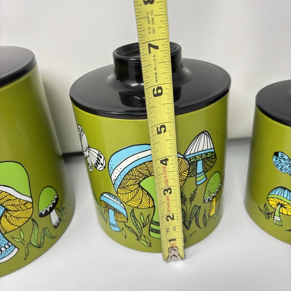 4 VINTAGE RANSBURG MUSHROOM GREEN METAL/TIN CANISTER SET WITH PLASTIC ...