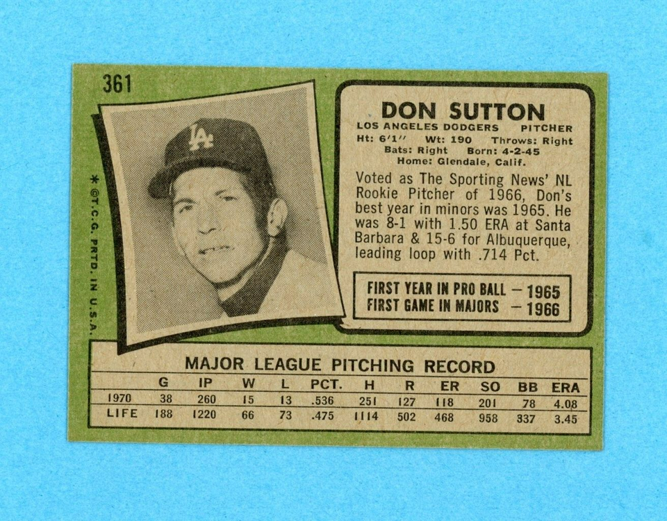 1971 Topps #361 Don Sutton Los Angeles Dodgers Baseball Card Ex/Mt - NM ...