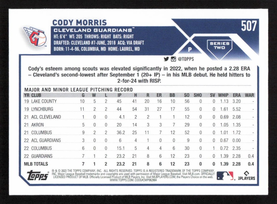 2023 Topps Cody Morris #507 Baseball Rookie Cleveland Guardians RC | eBay