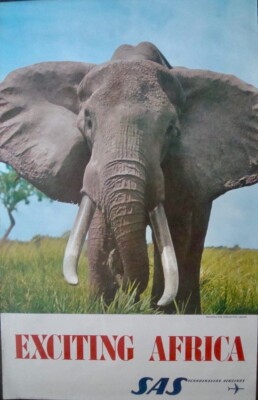 SAS AIRLINES AFRICA ELEPHANT UGANDA SAFARI Vintage Travel poster 1968 ...