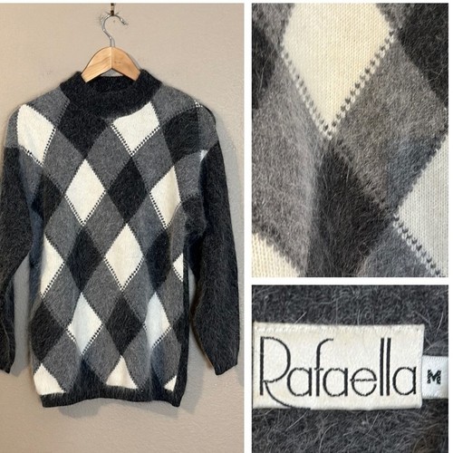 Vintage Argyle Sweater Diamond Gray Drop Shoulder Mock Neck Angora/Wool ...