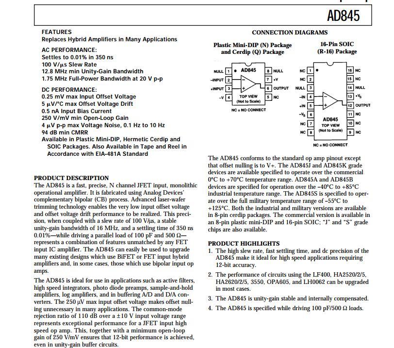 1 Pieces AD845JN Precision, 16 MHz CBFET Op Amp AD845 | eBay