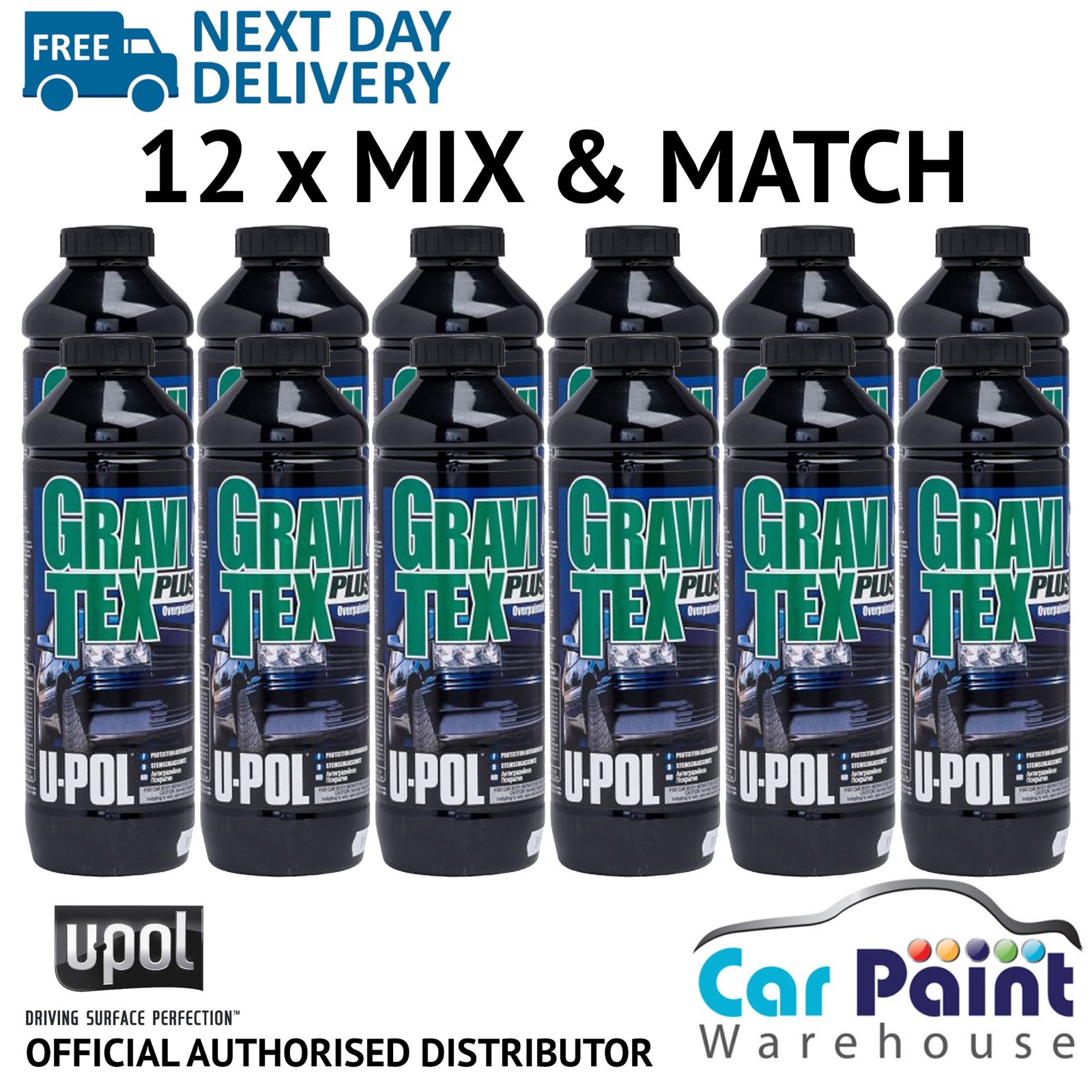 12 x 1L U-pol MIX & MATCH COLOURS Gravitex Plus HS Stonechip Protector ...