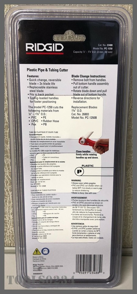PC-1250 1/8"- 1-5/8" OD PVC Pipe Tubing Cutter CPVC PP PEX PE Ridgid ...