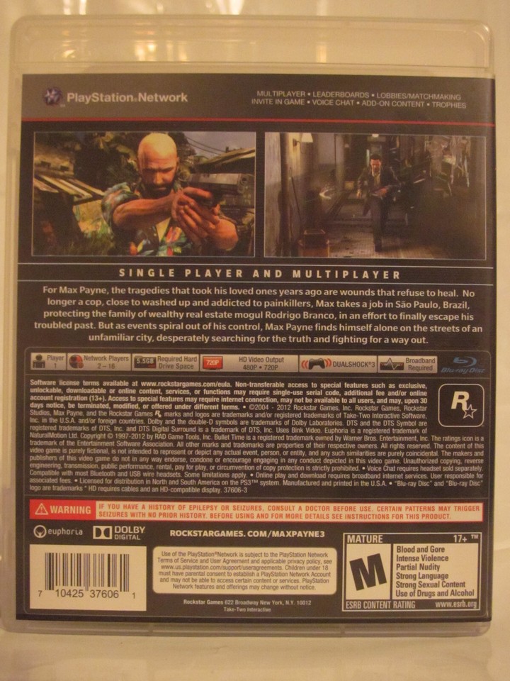 Max Payne 3 Rockstar Rated M Sony PlayStation PS3 VideoGame | eBay