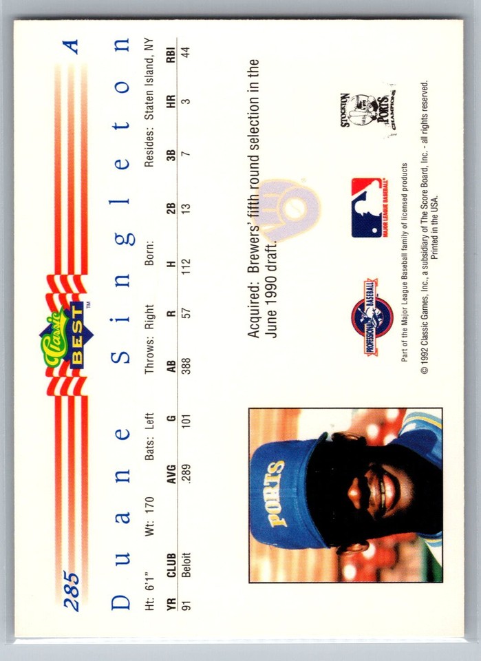 Duane Singleton 1992 Classic Best Set Break BASEBALL #285 Stockton ...