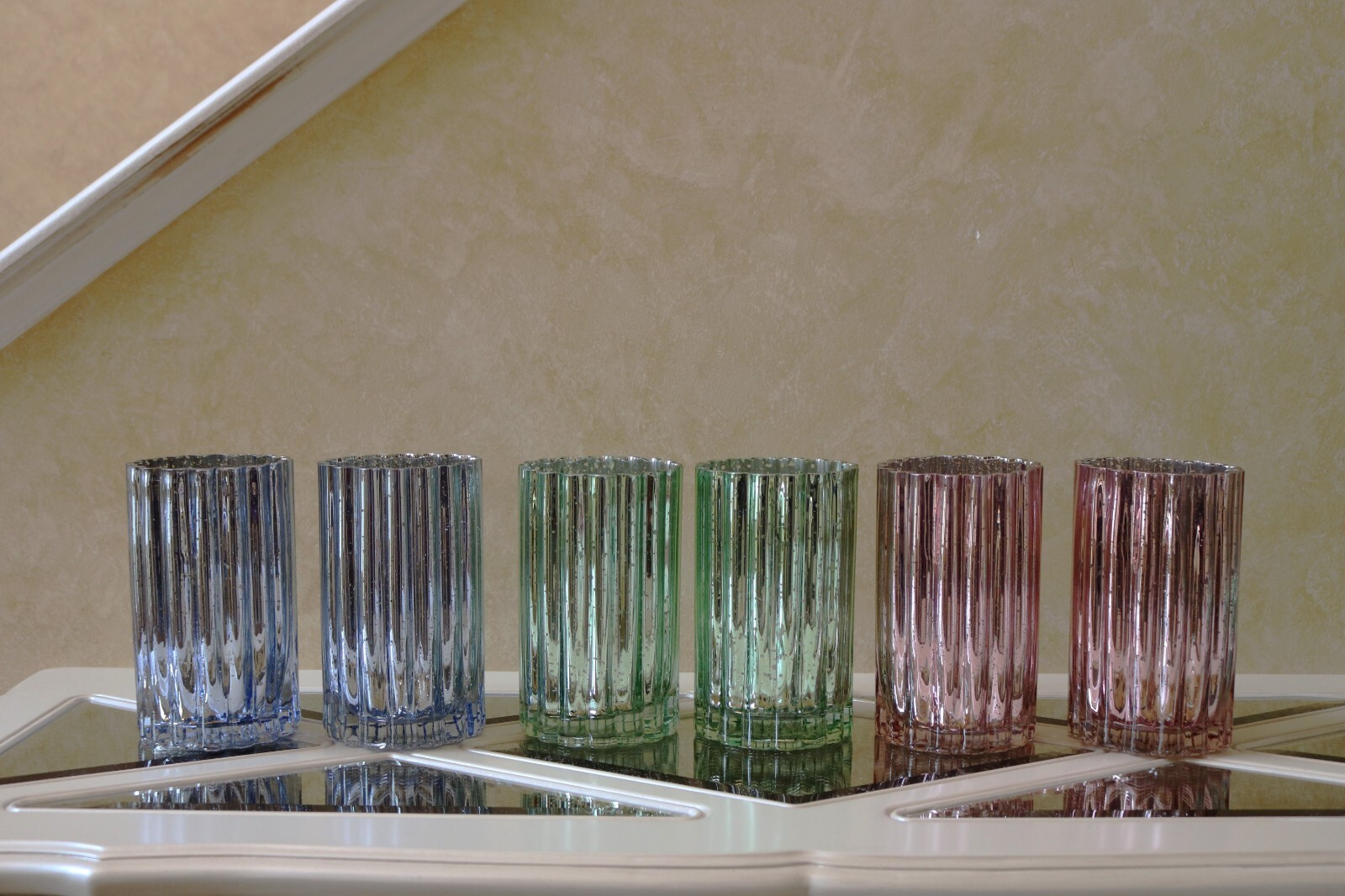 2 ILLUM. MERCURY GLASS HURRICANES Valerie Parr Hill PINK Lavender GREEN ...