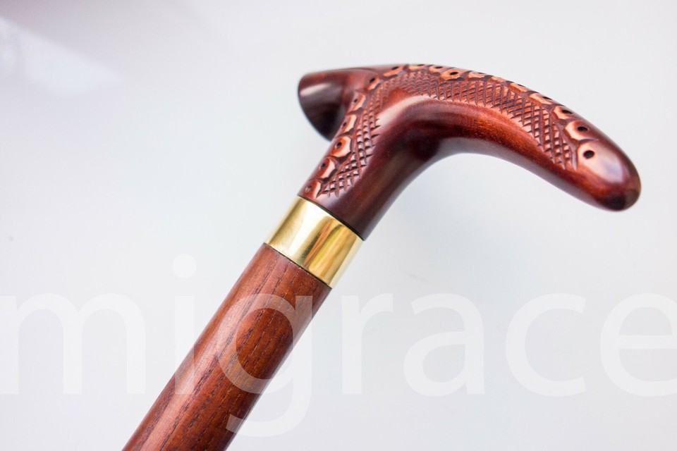 ALPINE Walking STICK cane Wood Carving Unique Folk Art Brown Wooden ...