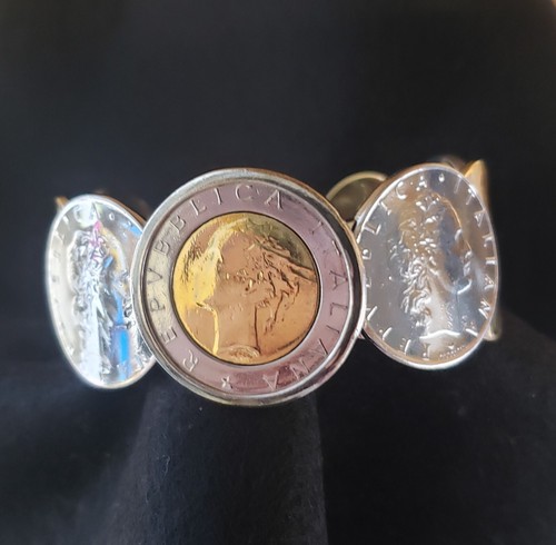 Milor Italy Lira Coin Clamper Bracelet Cuff 925 Silver Bezel 9 Coins ...