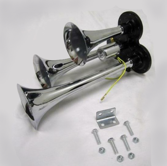 CHROME Triple Trumpet Air Horn Kit Train Semi Truck Boat RV LOUD 150 db ...