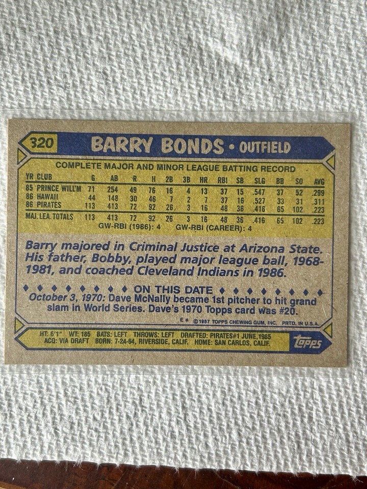1987 Topps Barry Bonds #320 Error Misprint Baseball Card NM RC Near ...