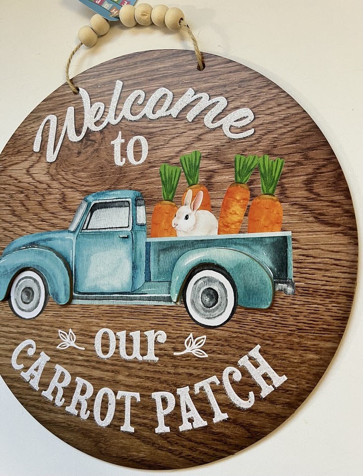 Easter Decor Truck Hanging Sign Round MDF Bunny Carrots Home Brown Blue ...