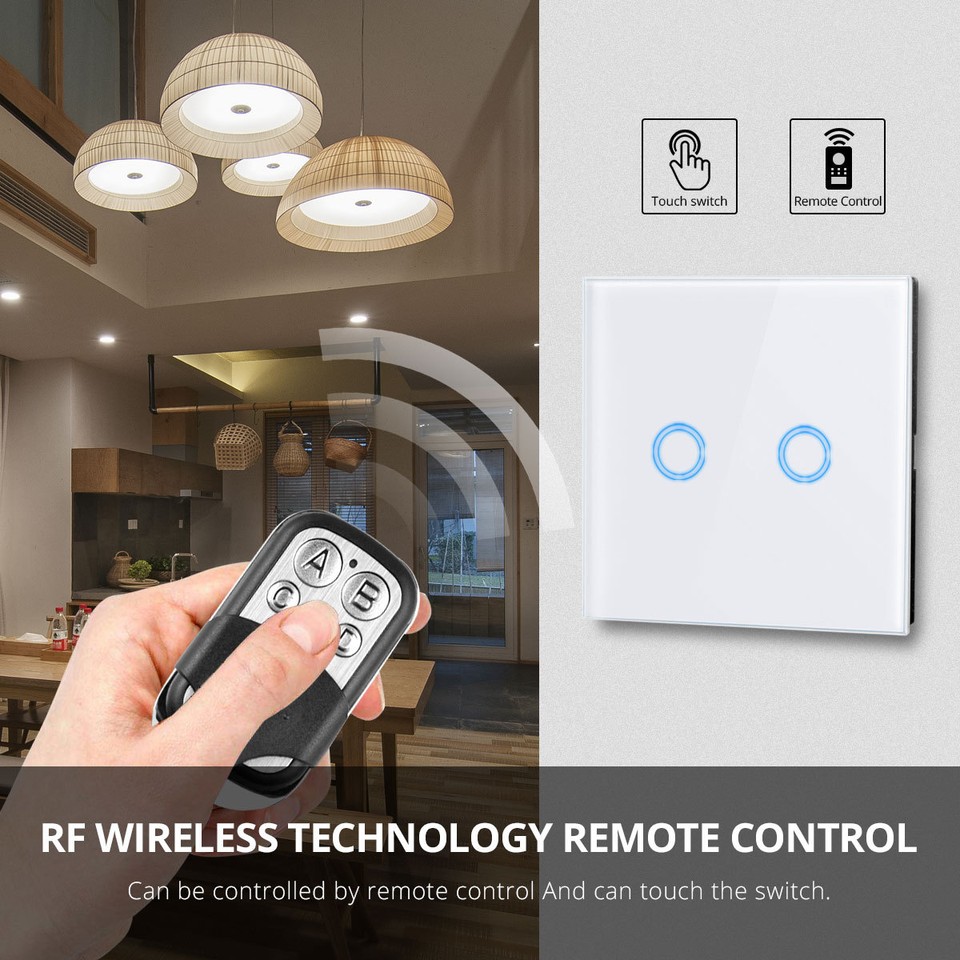 433Mhz 1/2/3 Gang Glass Panel LED Wall Light Touch Switch EU/UK Plug+RF ...