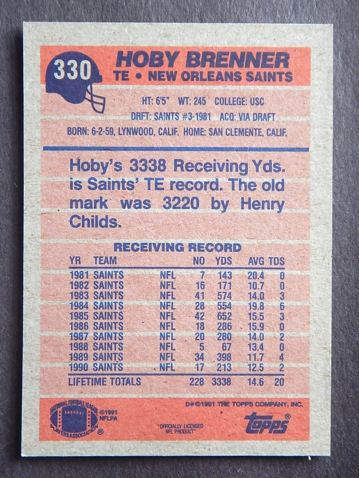 Hoby Brenner #330 Topps 1991 Football Card (New Orleans Saints) VG | eBay