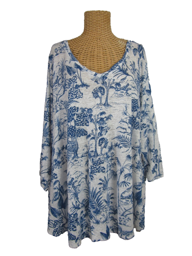 Unbranded Womens Plus 3X Blue White Toile Floral 100% Linen Knit SS ...