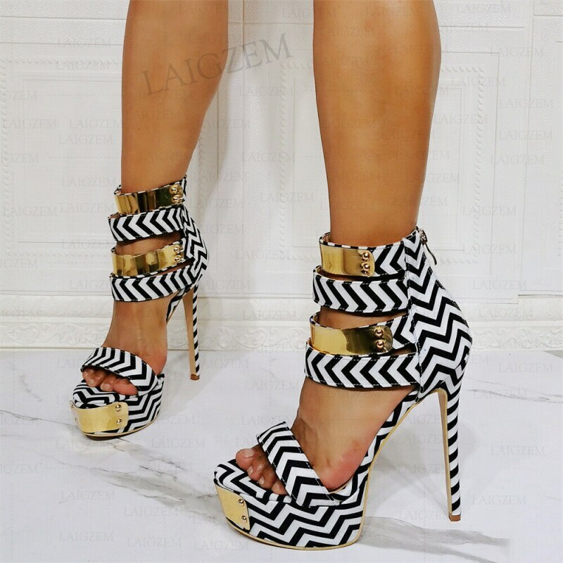Women Platform Sandals Open Toe Back Zip Stiletto High Heels Stripes ...
