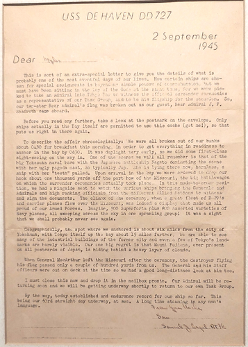 VINTAGE WW2 JAPANESE SURRENDER LETTER SEPT 2 1945 USS DEHAVEN DD-727 w ...