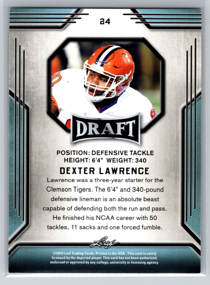 Dexter Lawrence II 2019 Leaf Draft Rookie Card #24 Clemson Tigers | eBay