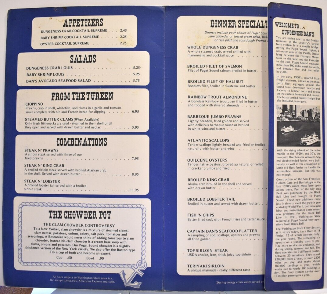 1978 Dungeness Dan's Seafood Restaurant Menu Seattle Terminus Ferry ...