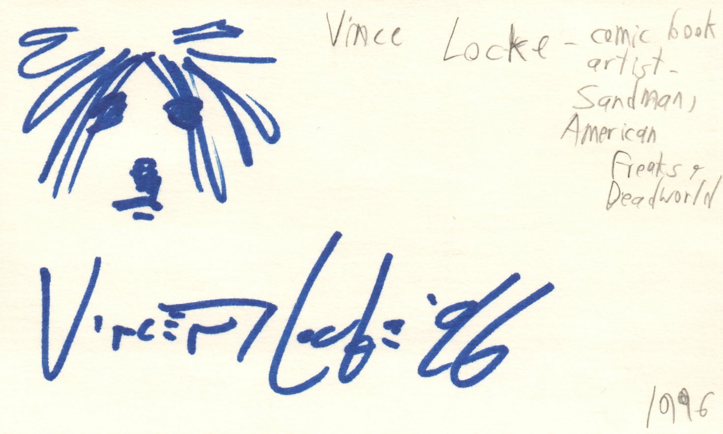 Vince Locke Comics Artist Sandman American Freaks Autographed Signed ...