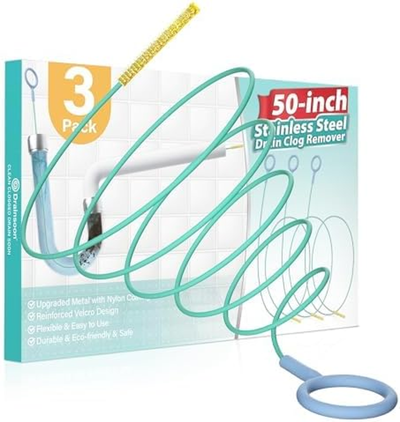 50 Inch Drain Snake Drain Hair Remover (3 Pack), Anti-Break Metal Sink ...