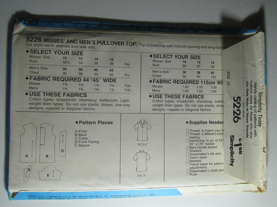 New Vtg Simplicity Pattern 5226 Size 12 Misses Pull Over Top | eBay