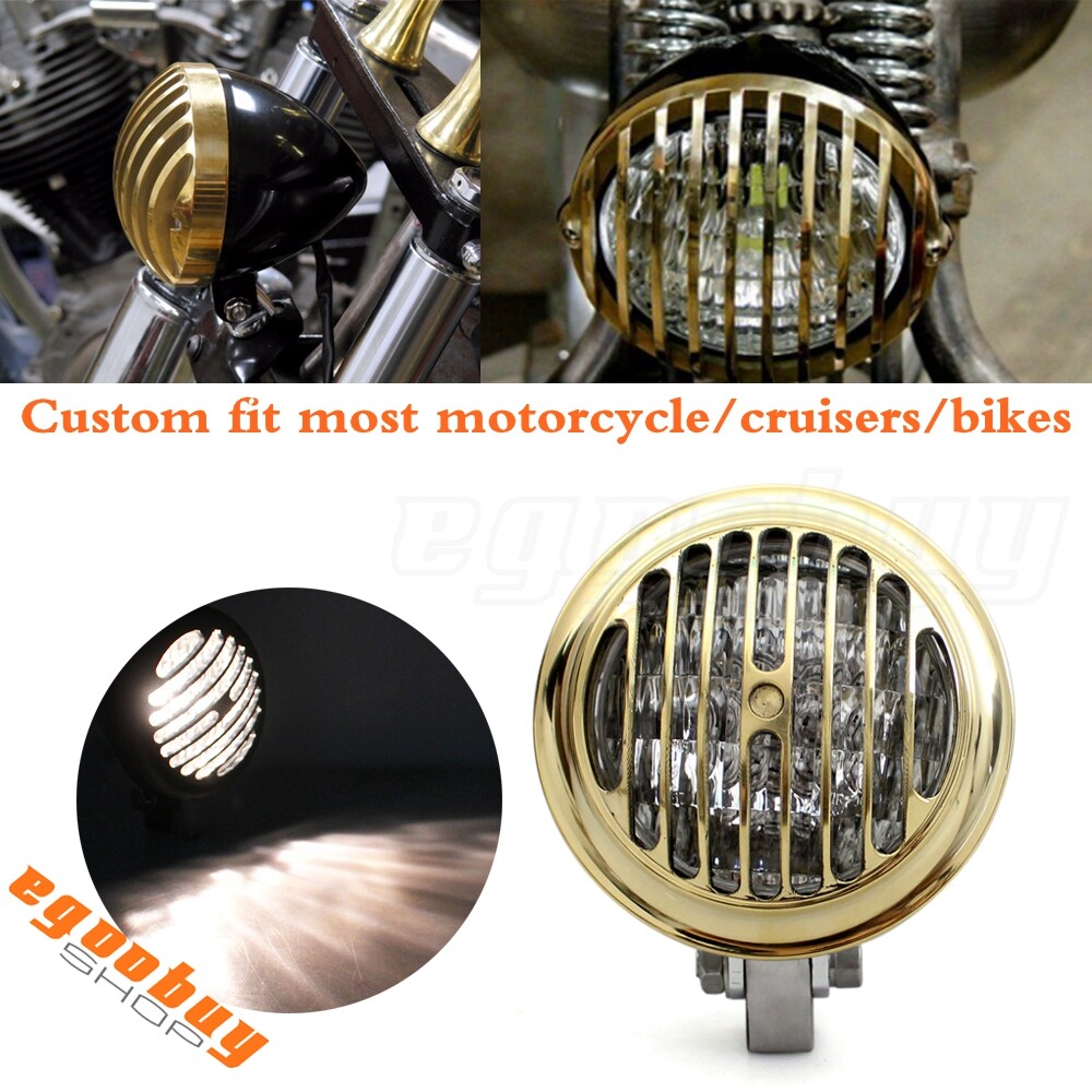 Brass Headlight Light Finned Grill For Retro Chopper Bobber Cafe Racer ...