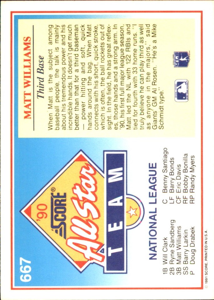 Matt Williams 1991 Score #667 San Francisco Giants FREE SHIPPING ...