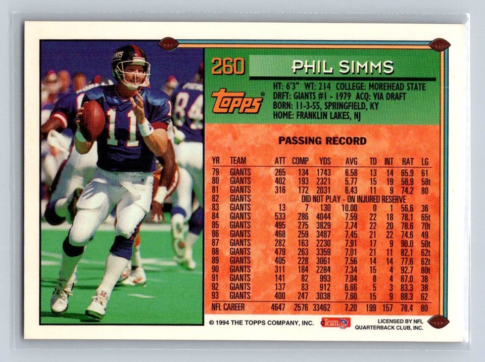 1994 Topps Phil Simms #260 New York Giants | eBay