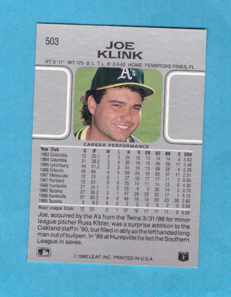 1990 Leaf Baseball card #503 Joe Klink Athletics | eBay