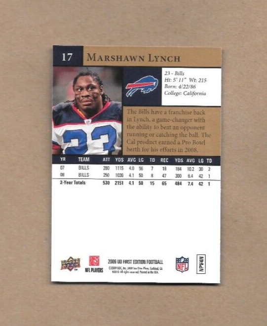 2009 Upper Deck First Edition Marshawn Lynch Card #17 Buffalo Bills NM ...