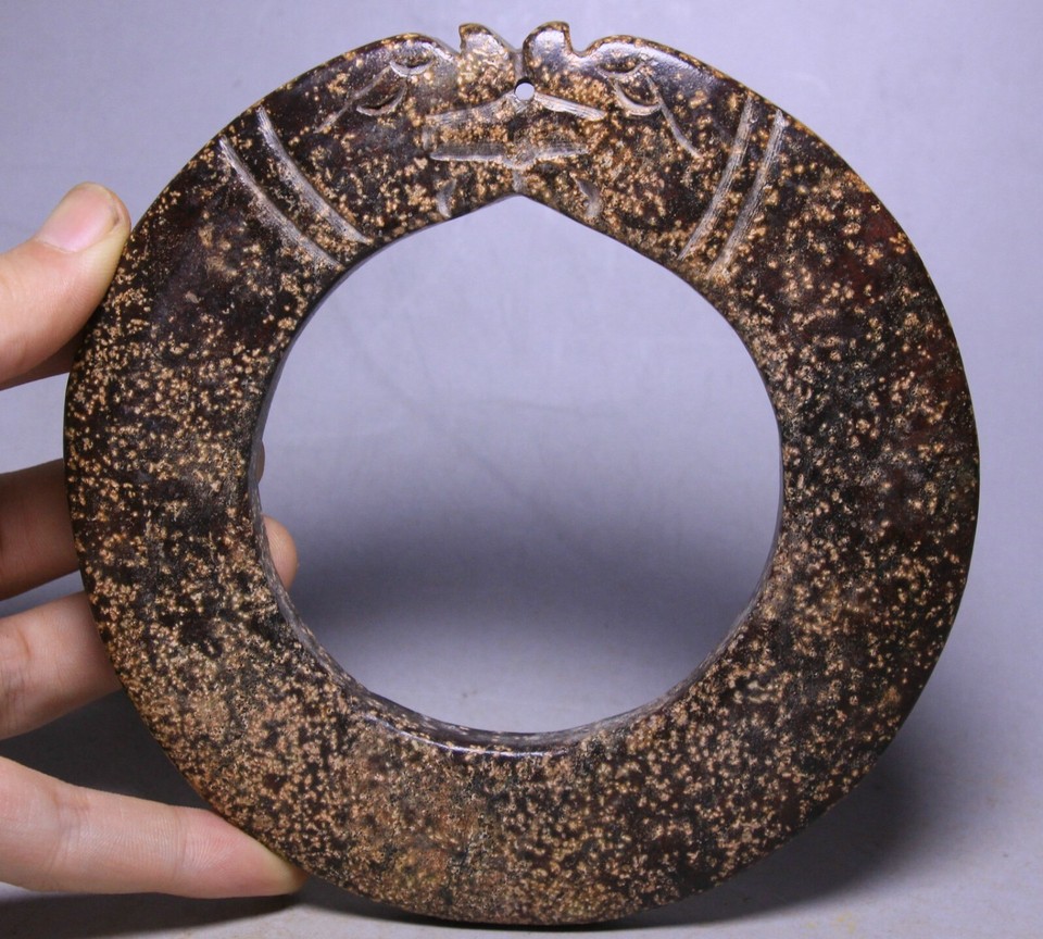 13CM China Dynasty Palace Hetian Old Jade Carve Double Beast Circle ...