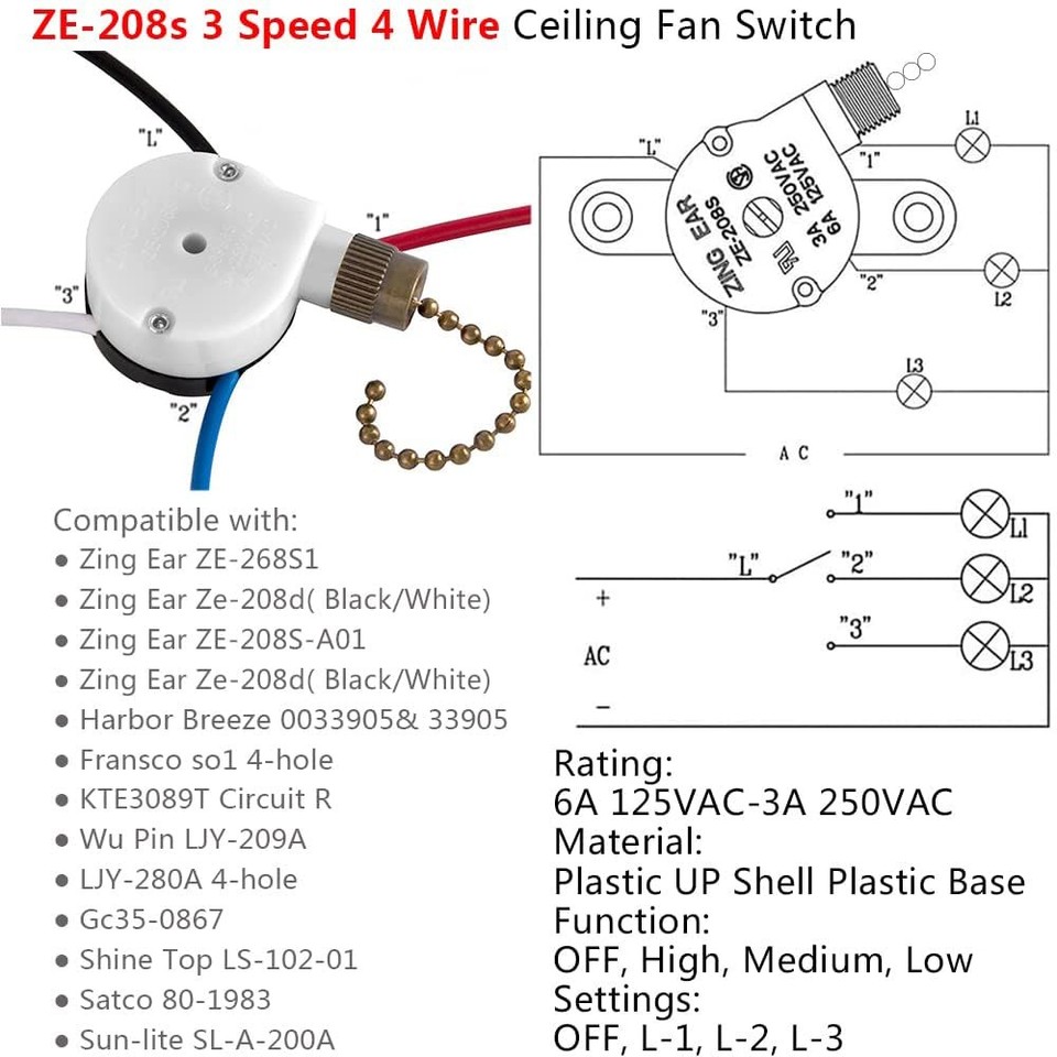 with 4 Pre-Installed Wires Ceiling Fan Switch 3 Speed 4 Wire, ZE-208s ...
