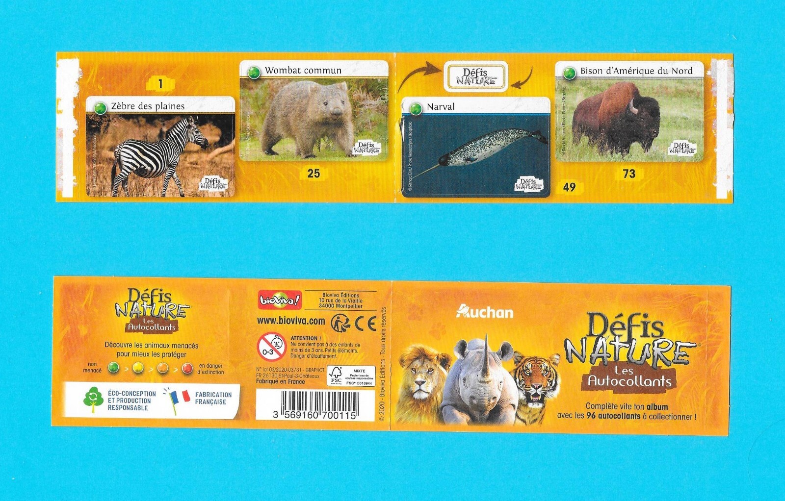 Défis Nature, Les Autocollants AUCHAN Pochette Stickers N° 1, 25 49, 73 ...