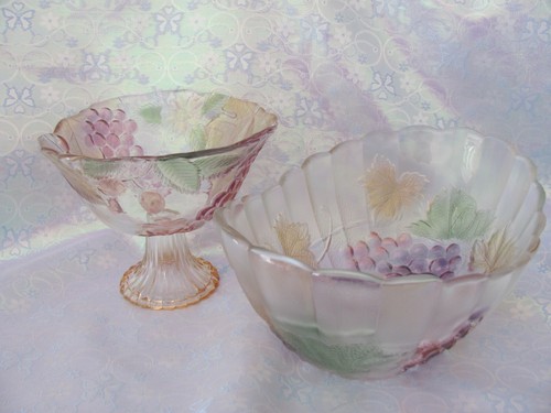 SOGA Glass Oval Bowl and Footed Compote SET Fruit/Flowers/Leaves ...