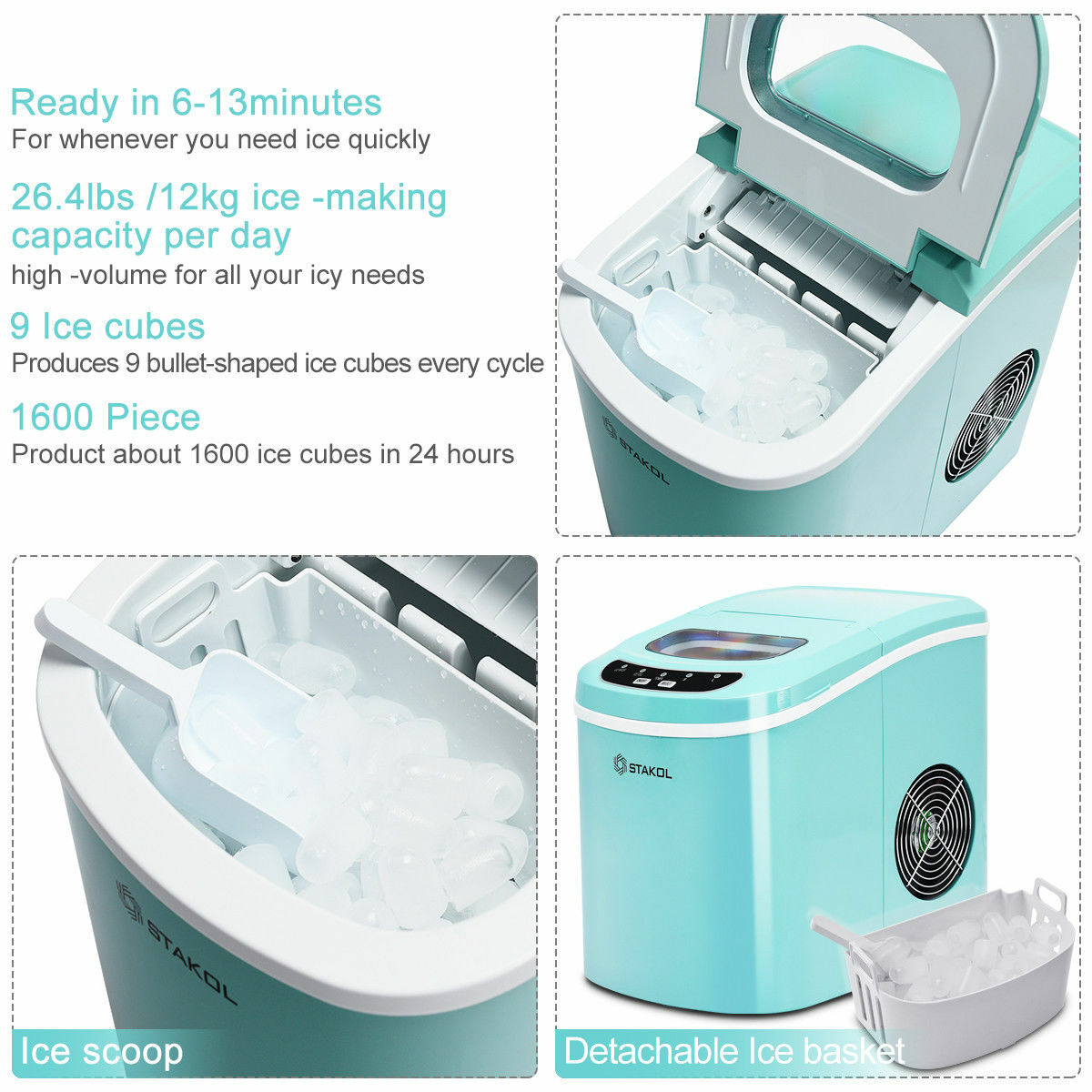 Portable Compact Electric Ice Maker Machine Mini Cube 26 lbs/Day Mint ...