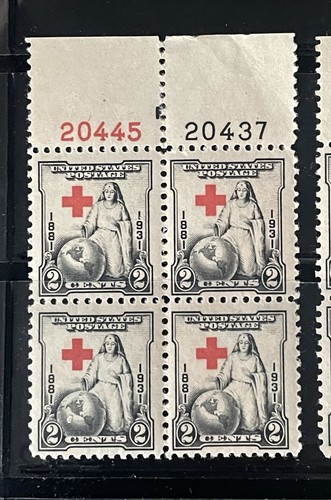 Scott #702, 2c Red Cross top plate block #s 20437(B) and 20445(R), LH ...