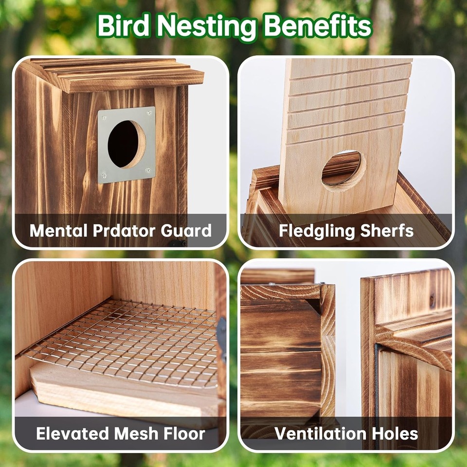 2 Pack Outdoor Bird Houses with Metal Predator Guard, Carbonized Wooden ...