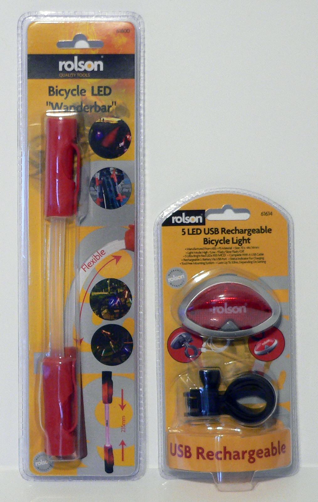 ROLSON BICYCLE FRONT LED WONDERBAR LIGHT & 5 LED USB RECHARGEABLE REAR ...